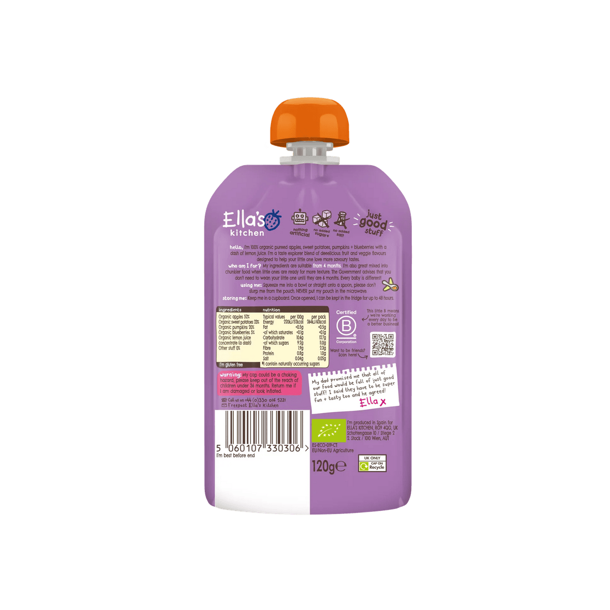 Ellas Kitchen Organic Puree 4+ Months Sweet Potato Pumpkin Apples + Bl ...
